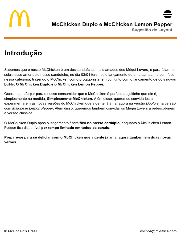 Novos McChicken: Duplo e Lemon Pepper | PDF | McDonald's
