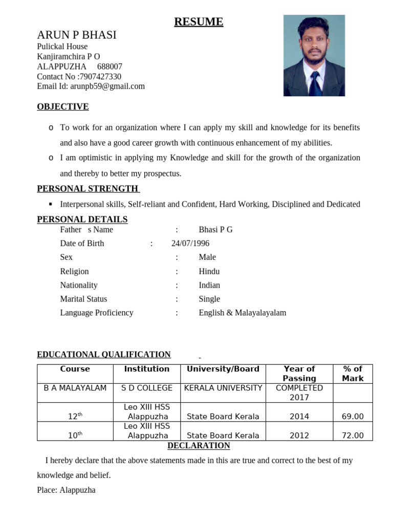 Arun P Bhasi Resume Summary | PDF