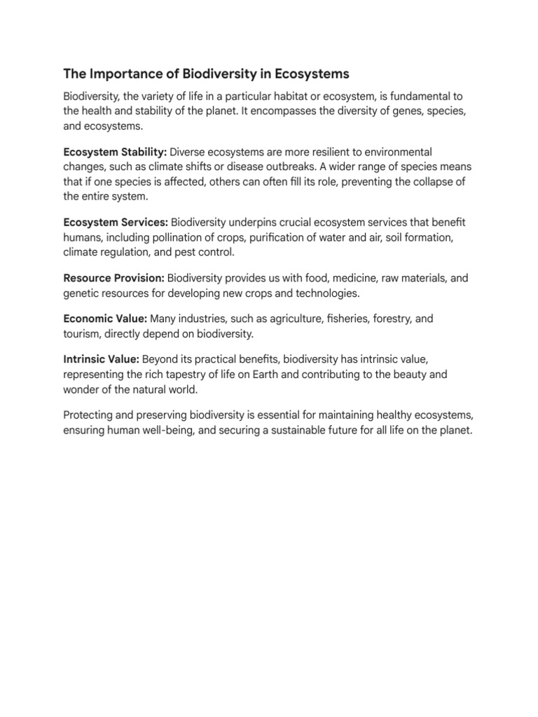 Report 5 - The Importance of Biodiversity in Ecosystems | PDF