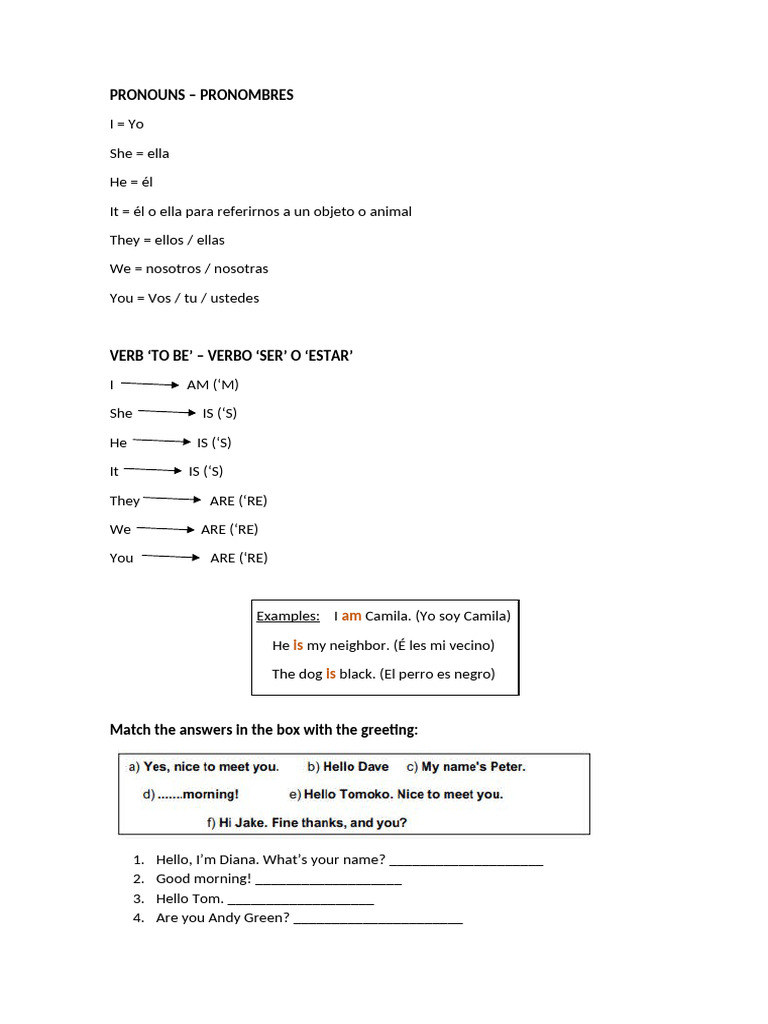 Verb To Be - Pronouns - Greetings | PDF | Grammatical Conjugation ...