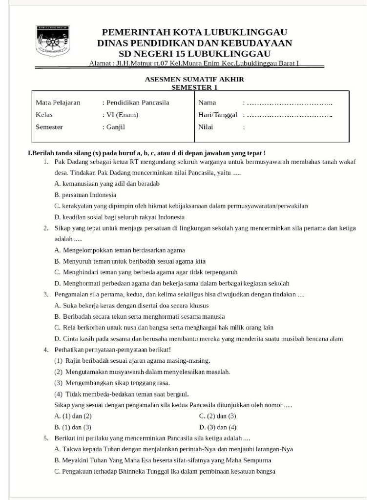 Soal SAS KELAS 6 PKN 2024 | PDF