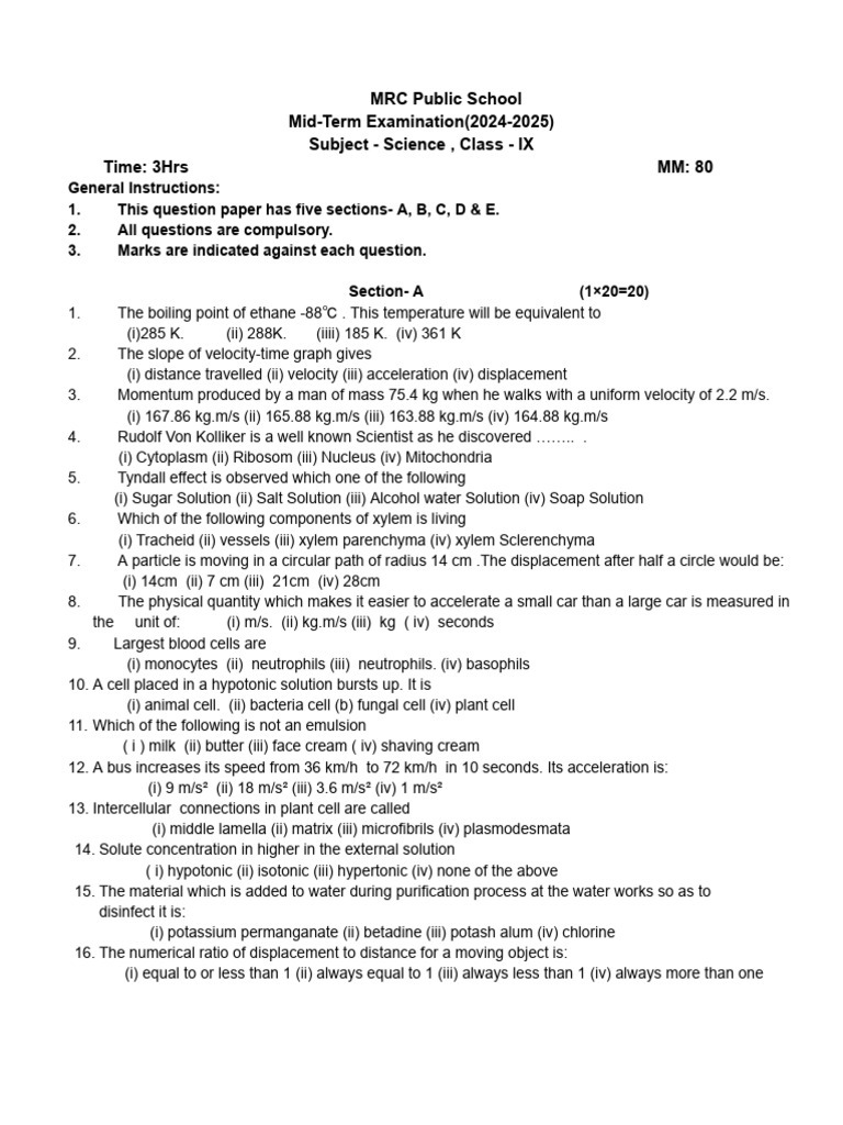 Class IX Mid Term. MRC-1 | PDF | Tissue (Biology)