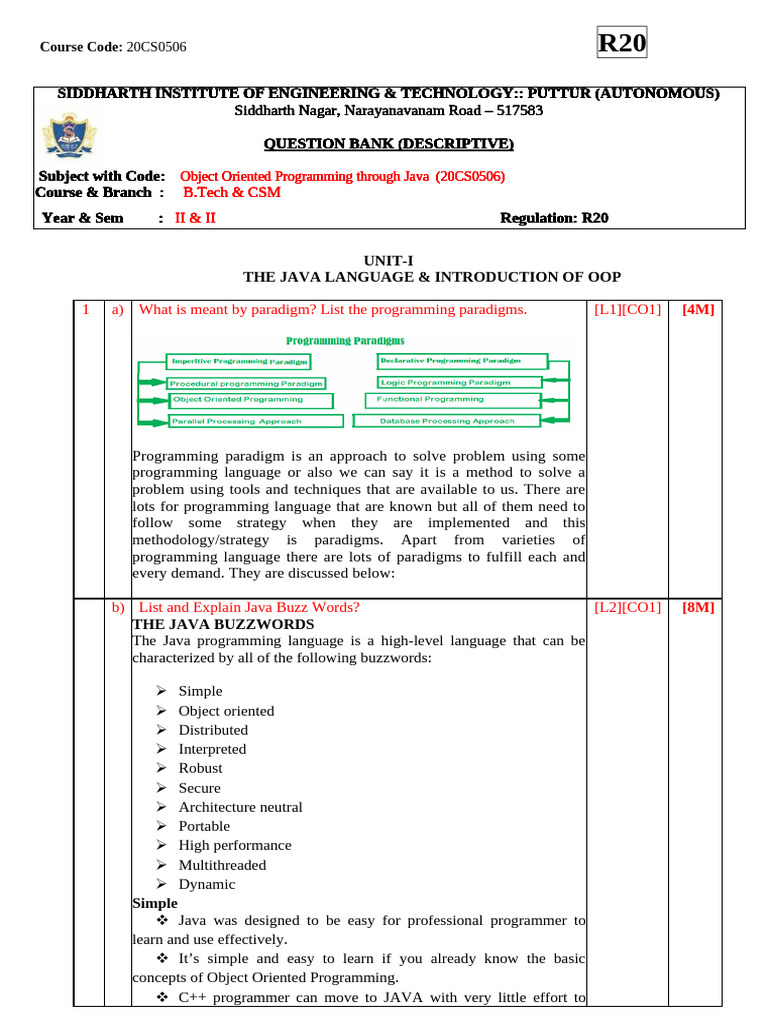 OOPS (20CS0506) QB with Answers | PDF | Method (Computer Programming) | Java (Programming Language)