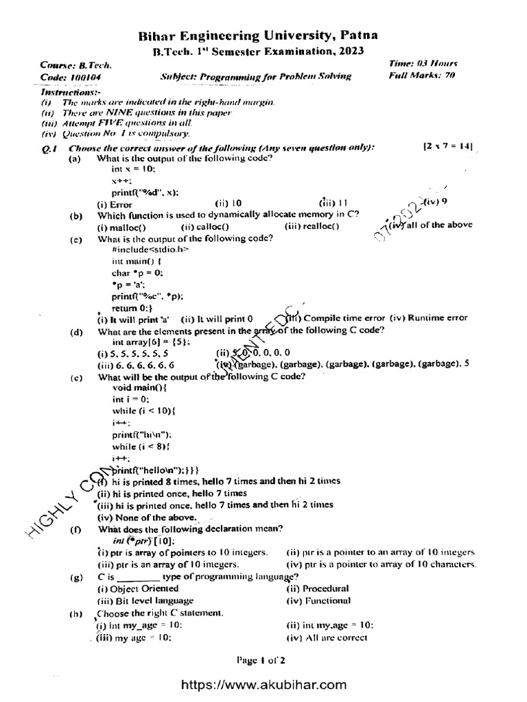Btech 1 Sem Programming For Problem Solving 100104 2023 | PDF