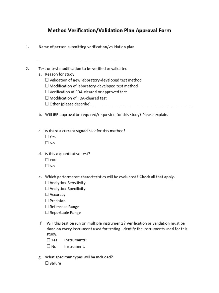 Method Verification Validation Plan Approval Checklist | PDF ...