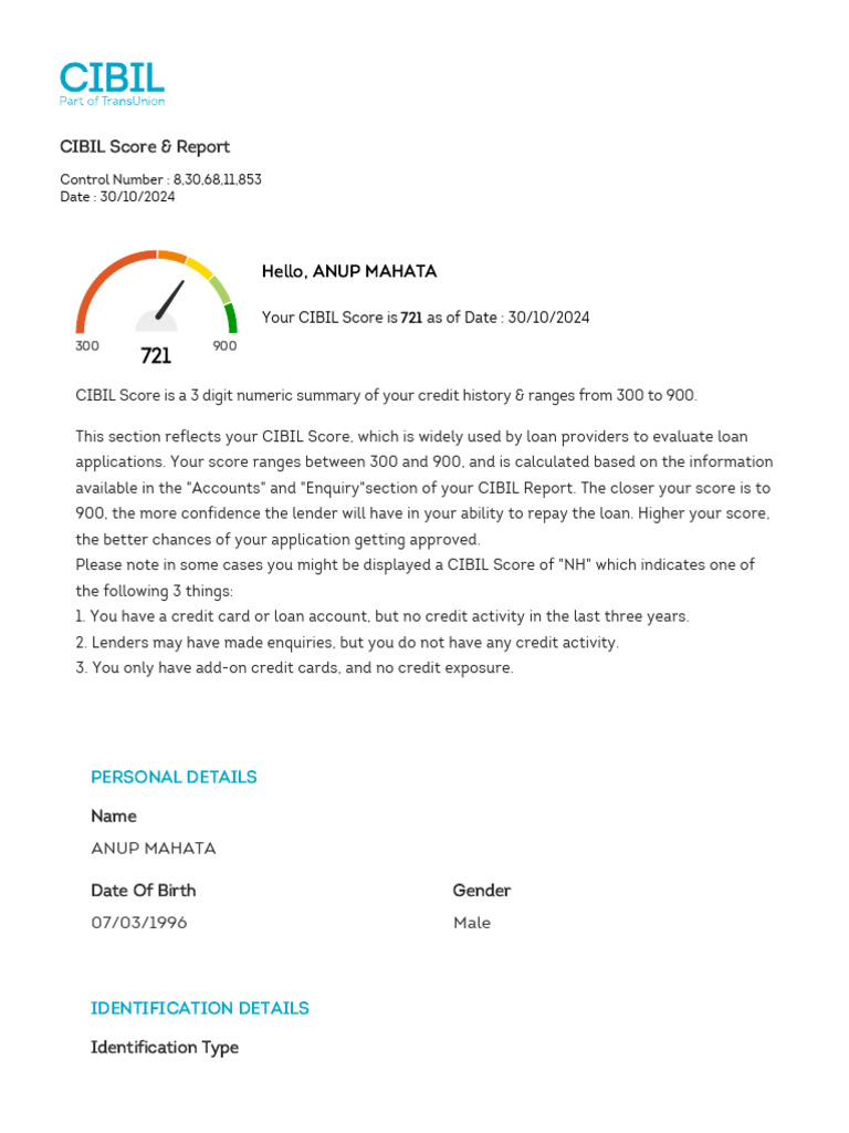 CIBIL Score Report for Anup Mahata | PDF | Credit | Finance & Money ...