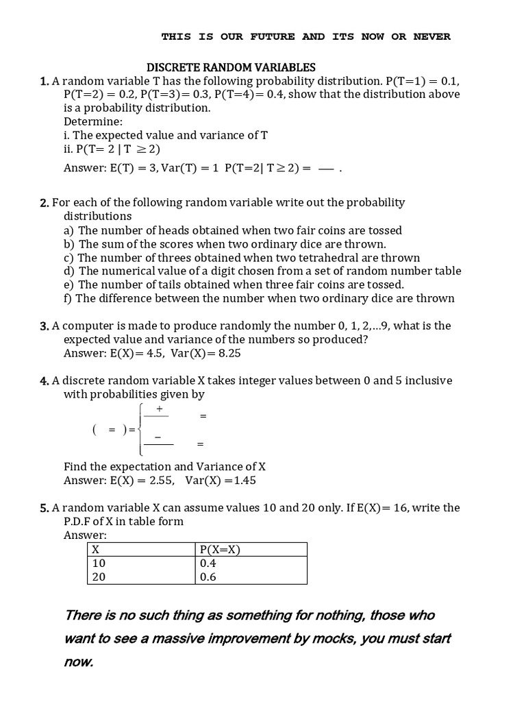 Discrete Random Variables | PDF | Variance | Probability Distribution