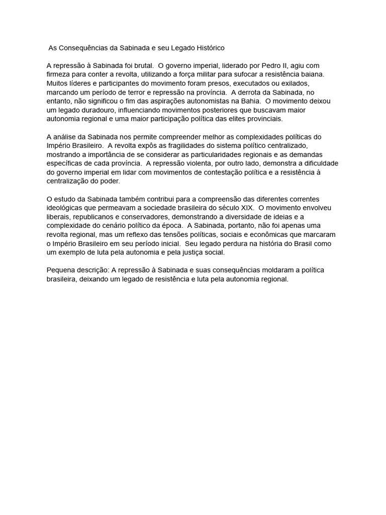 As Consequências Da Sabinada e Seu Legado Histórico | PDF