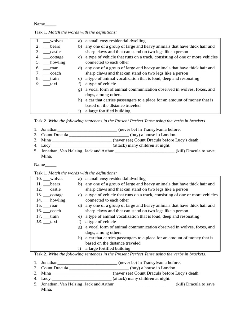 Vocabulary and Grammar Exercises | PDF | Mina Harker | Count Dracula