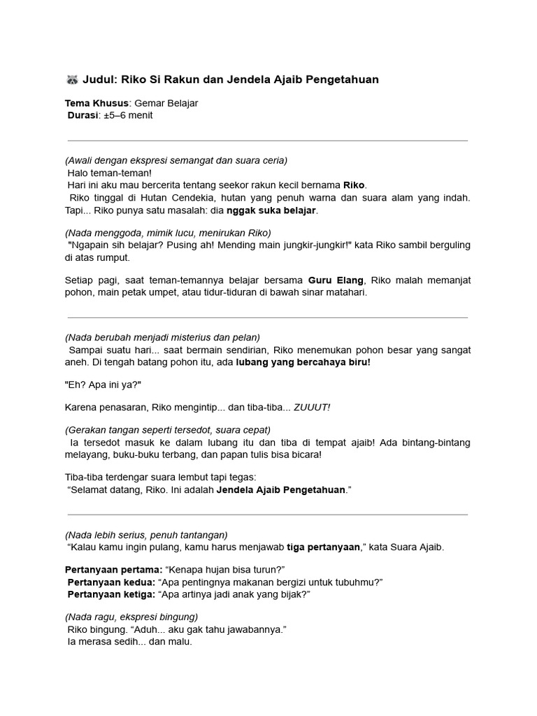 Riko Si Rakun Dan Jendela Ajaib Pengetahuan | PDF