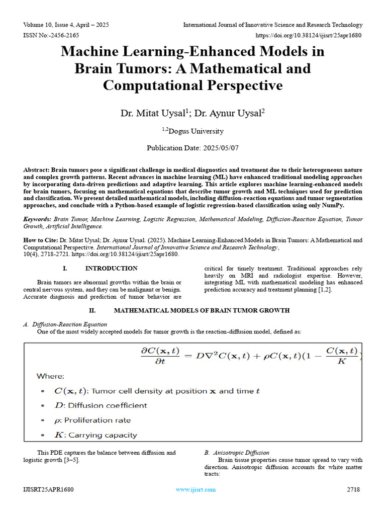 Machine Learning-Enhanced Models in Brain Tumors: A Mathematical and Computational Perspective ...