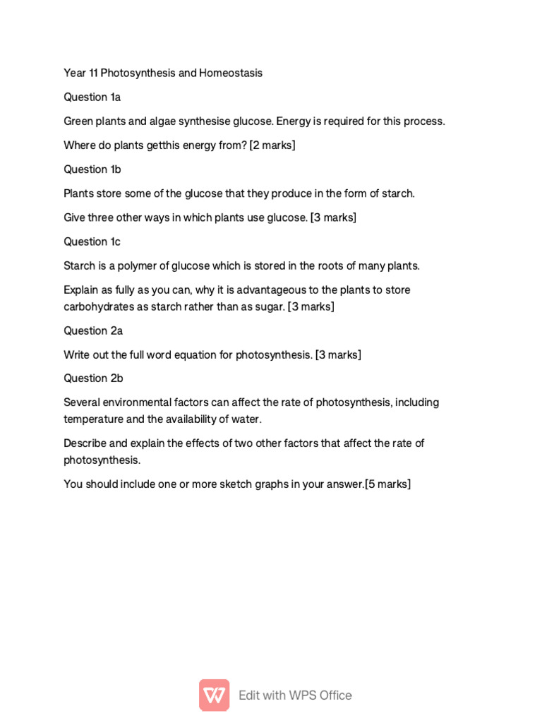 Year 11 Photosynthesis and Homeostasis Done | PDF