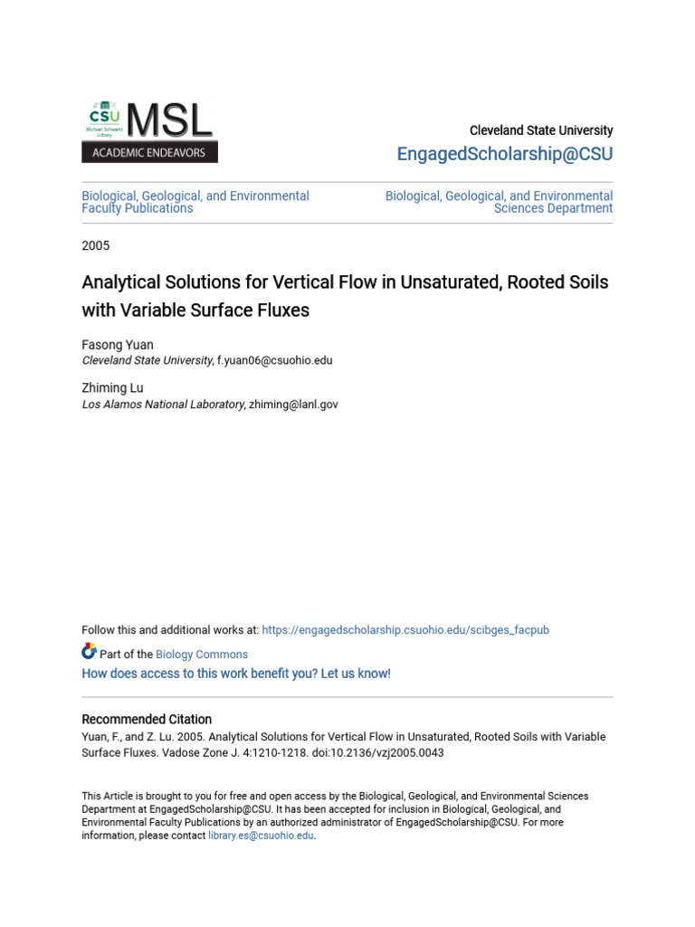 2005_Analytical Solutions for Vertical Flow in Unsaturated, Rooted Soils with Variable Surface ...