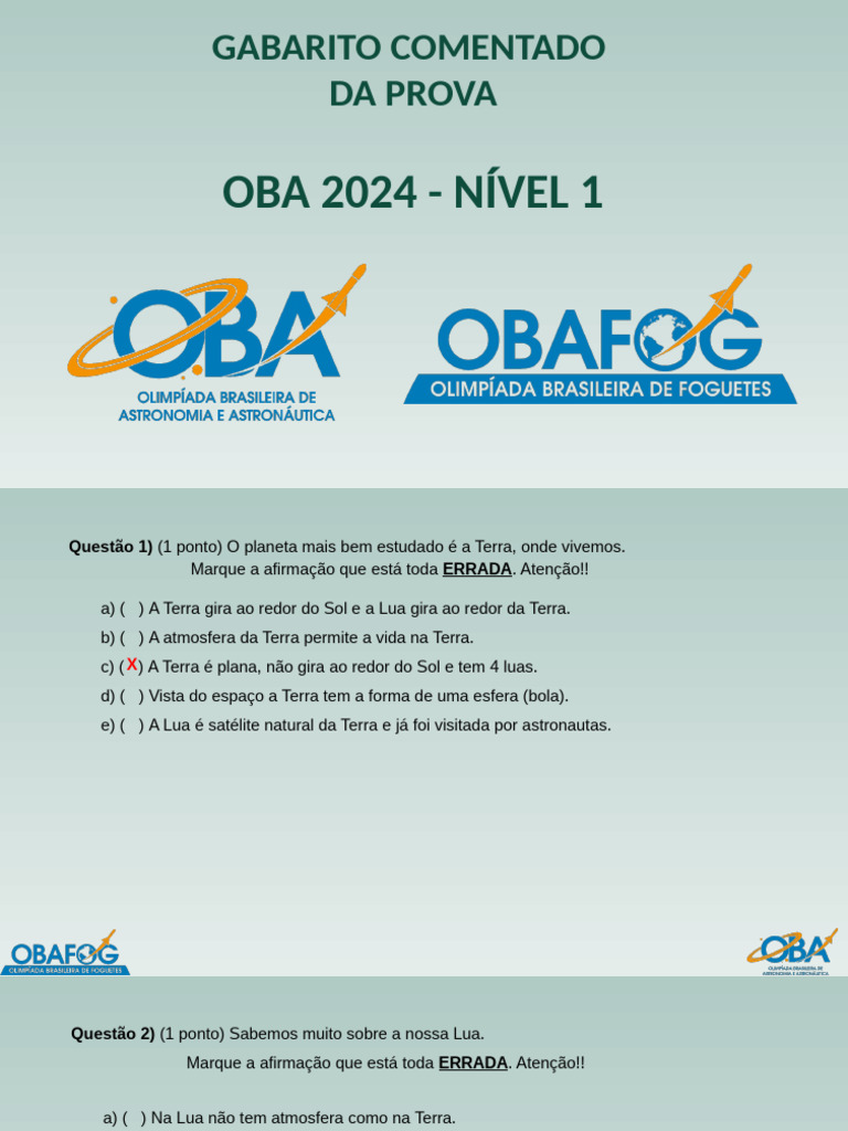 Prova Nivel 1 Da XXVII OBA DE 2024 - GABARITO POWER POINT | PDF | Terra ...