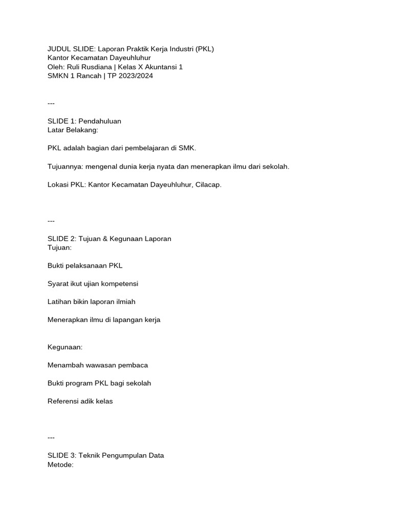 teks presentasi PKL | PDF