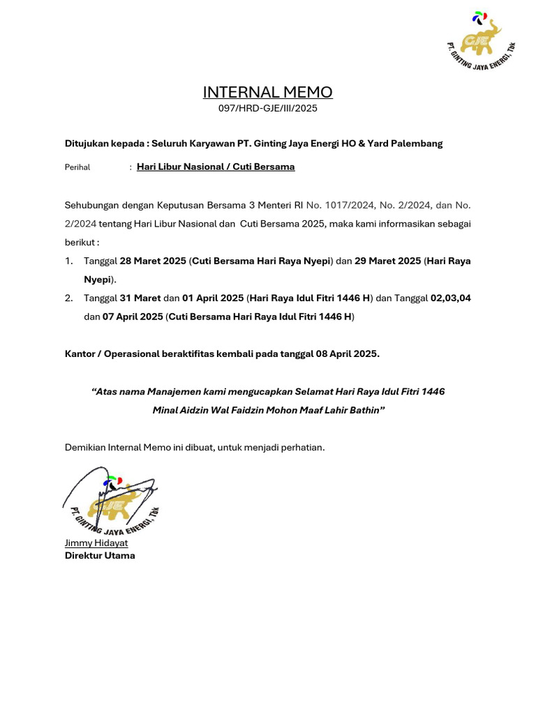 Internal Memo Libur Lebaran 2025 | PDF