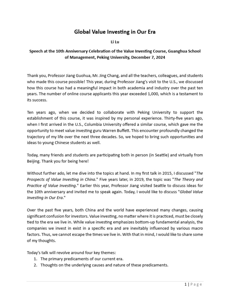 Li Lu - Global Value Investing in Our Era (2024-12-07) | PDF | China ...