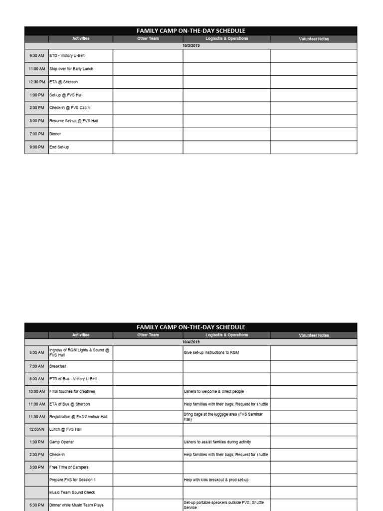 Family Camp On-The-Day Schedule | PDF