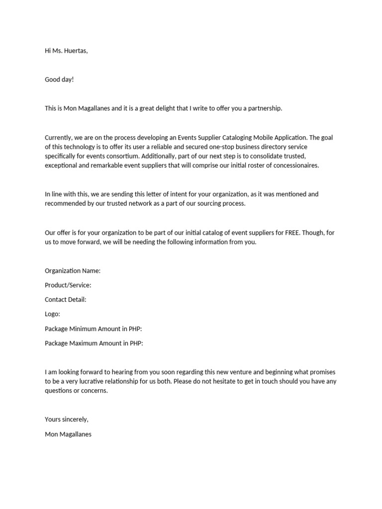 Letter of Intent For Partnership | PDF