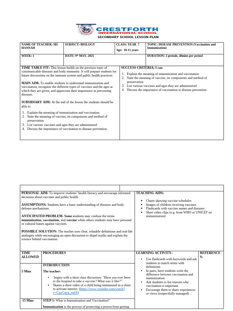 Year 7 Biology Lesson on Vaccination | PDF | Vaccines | Public Health