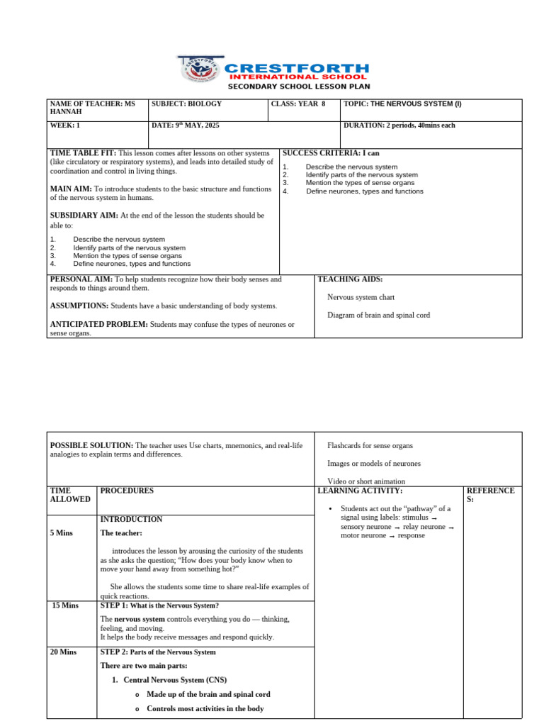 3rd term Bio lesson plans, gd8 | PDF | Nervous System | Central Nervous ...