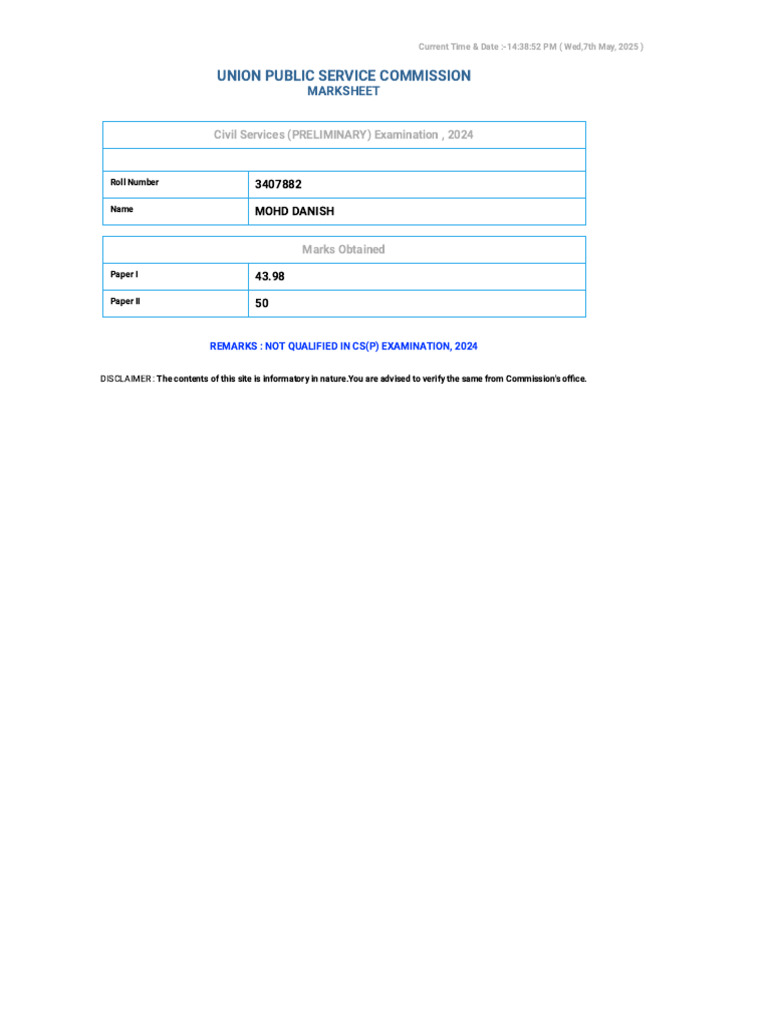 Civil Services Marksheet 2024 | PDF