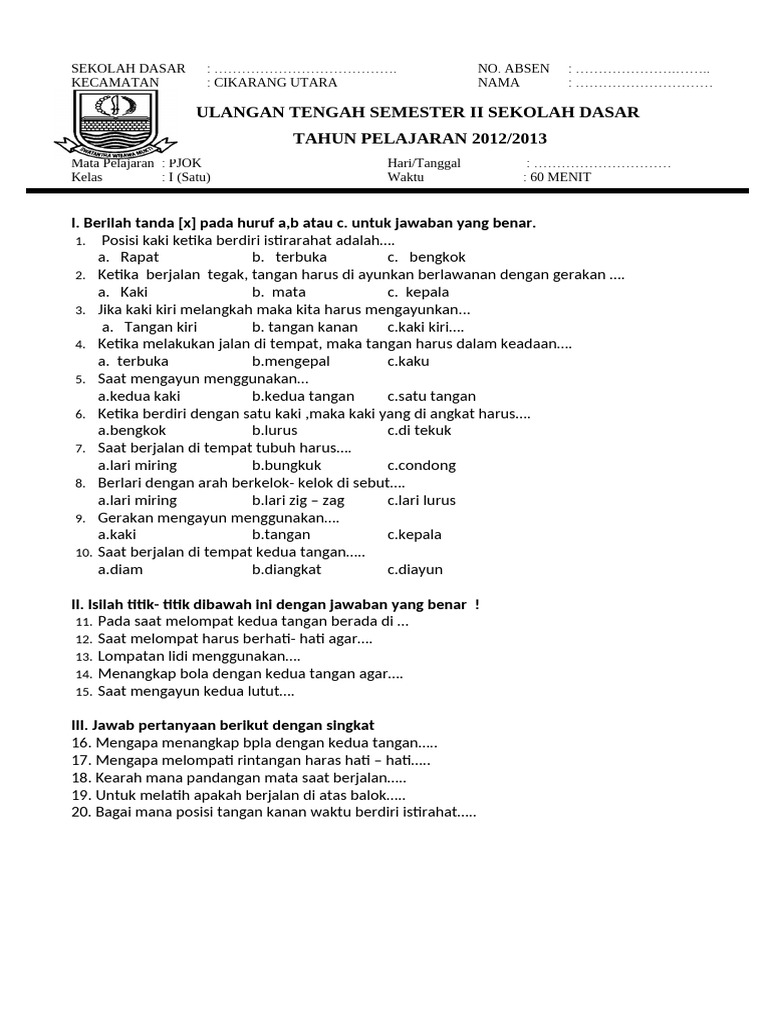 soal pjok UTS 2 Kelas I 2013 | PDF