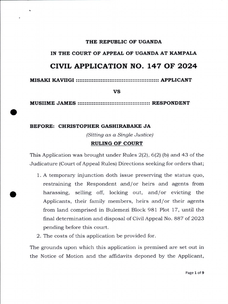 Misaki v Musiime (Civil Application 147 of 2024) 2024 UGCA 152 (26 June 2024) | PDF | Injunction ...