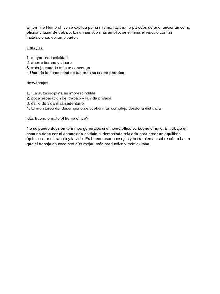 Ventajas y desventajas del Home Office | PDF