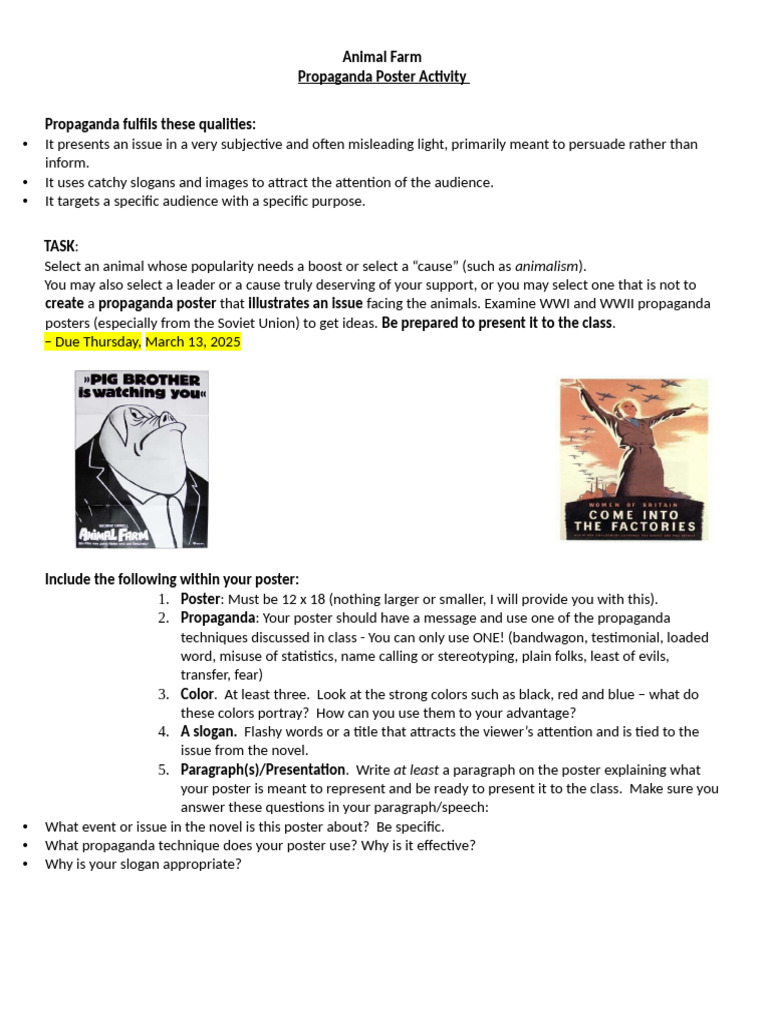 Animal Farm Propaganda Poster and Rubric | PDF | Propaganda | Poster