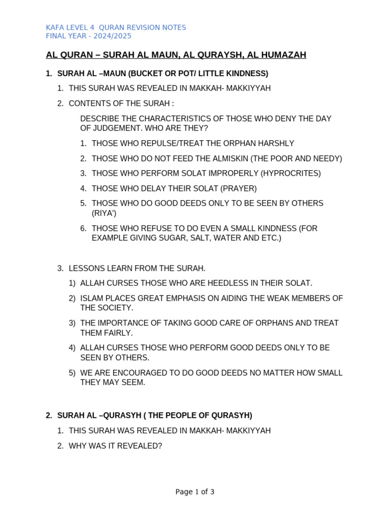 Level 4 - 2NDYEAR QURAN REV NOTES 2 | PDF | Islamic Texts | Religious ...