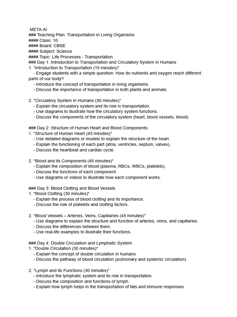 Teaching Plan - Transportation in Living Organisms | PDF | Circulatory ...