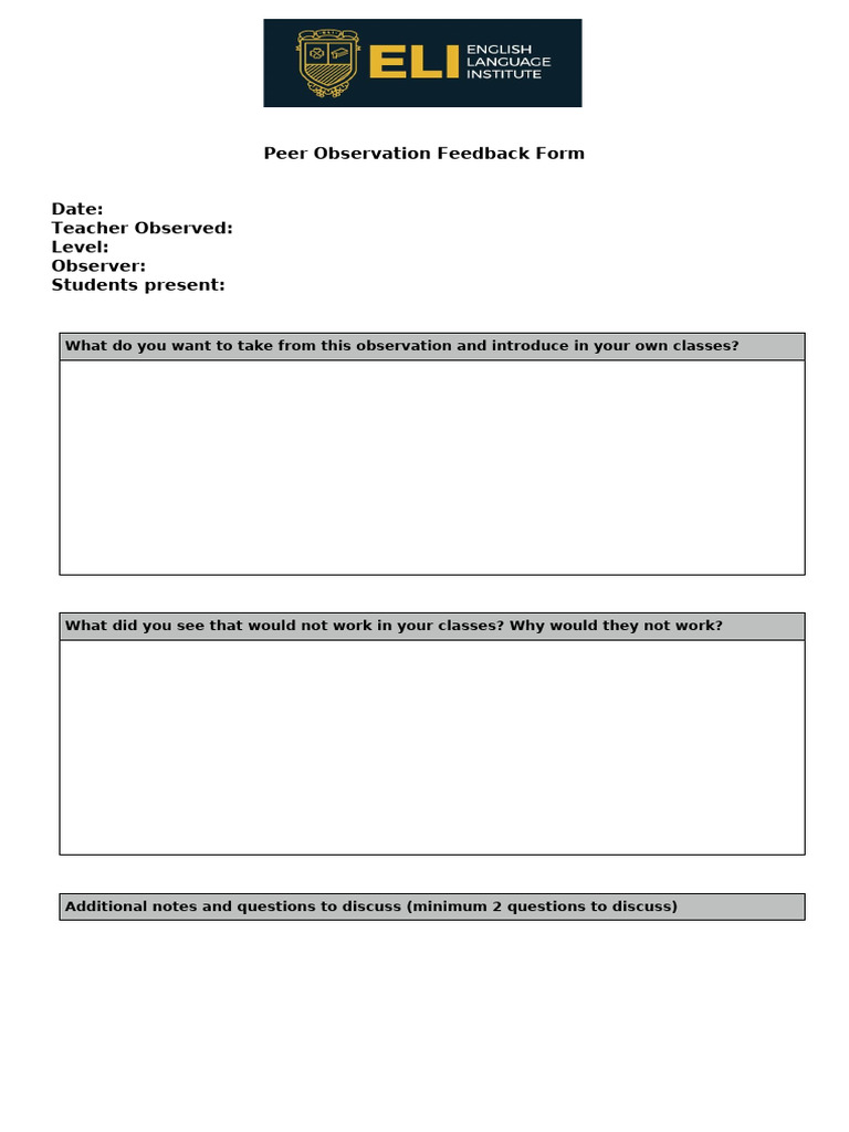 Peer Observation Reflection Template | PDF