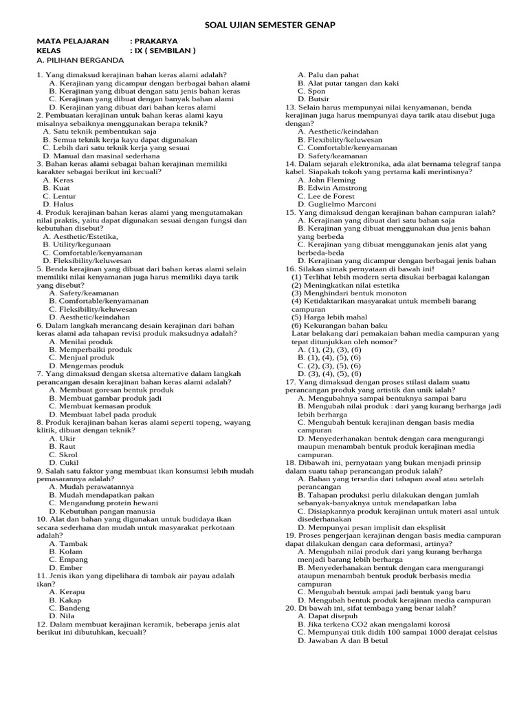 Soal Us Genap - Prakarya 9 2025 | PDF