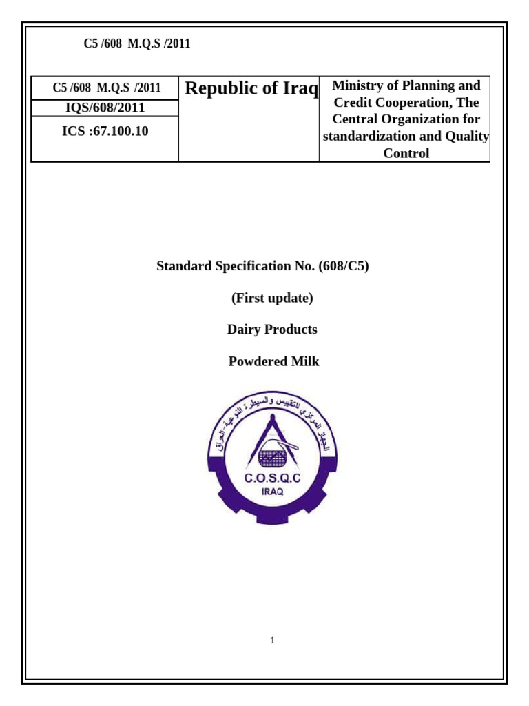 Standard Specification No (608 C5) Dairy Products Milk Powder | PDF ...