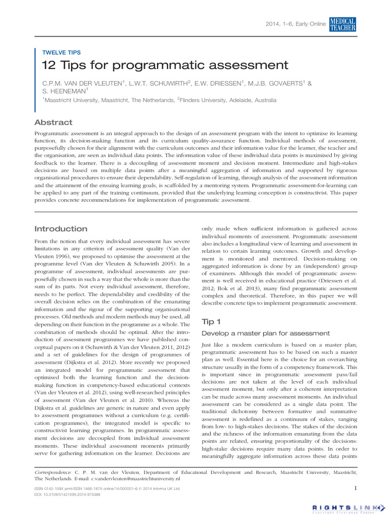 12 Tips For Programmatic Assessment - Van Der Vleuten | PDF | Learning | Information