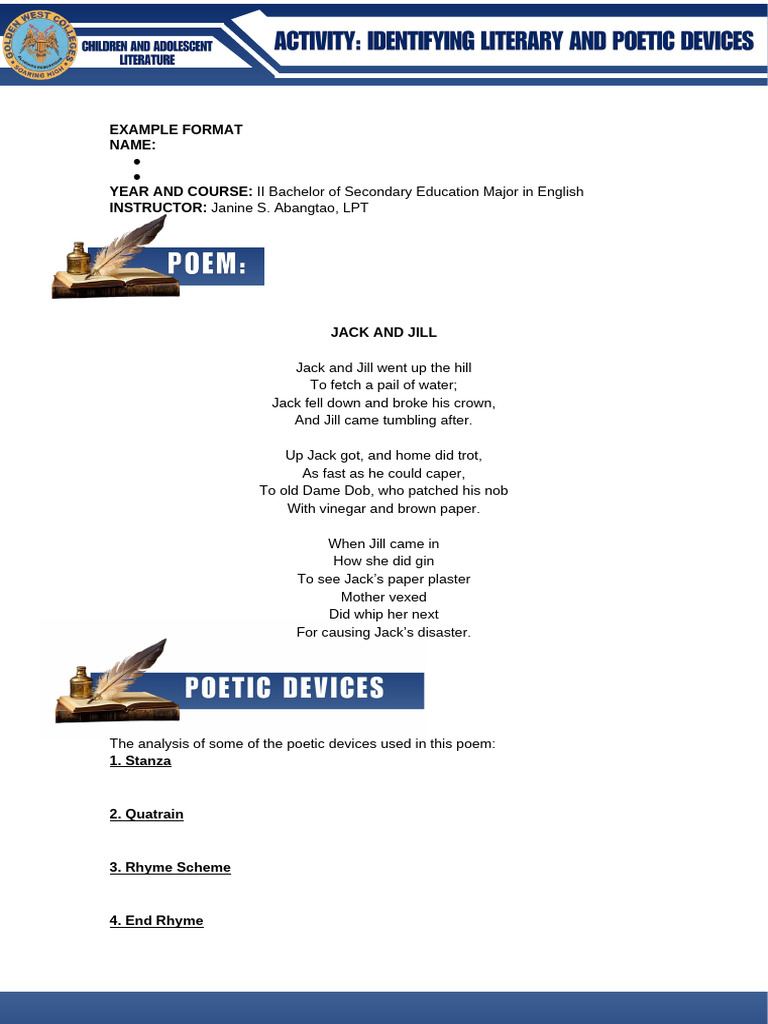 Format for Identifying Literary and Poetic Devices | PDF | Poetry | Rhyme