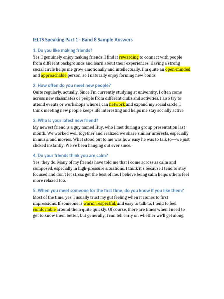 IELTS Speaking Band 8 Answers | PDF