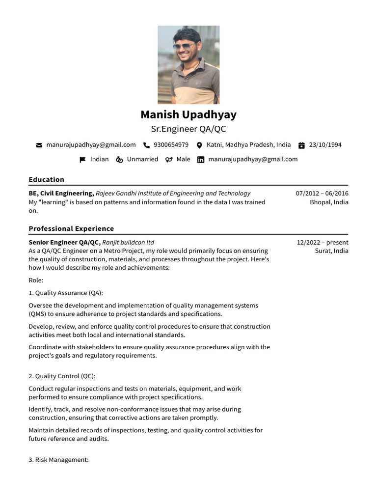 Manish Upadhyay FlowCV Resume 20250407 | PDF | Quality Assurance | Regulatory Compliance