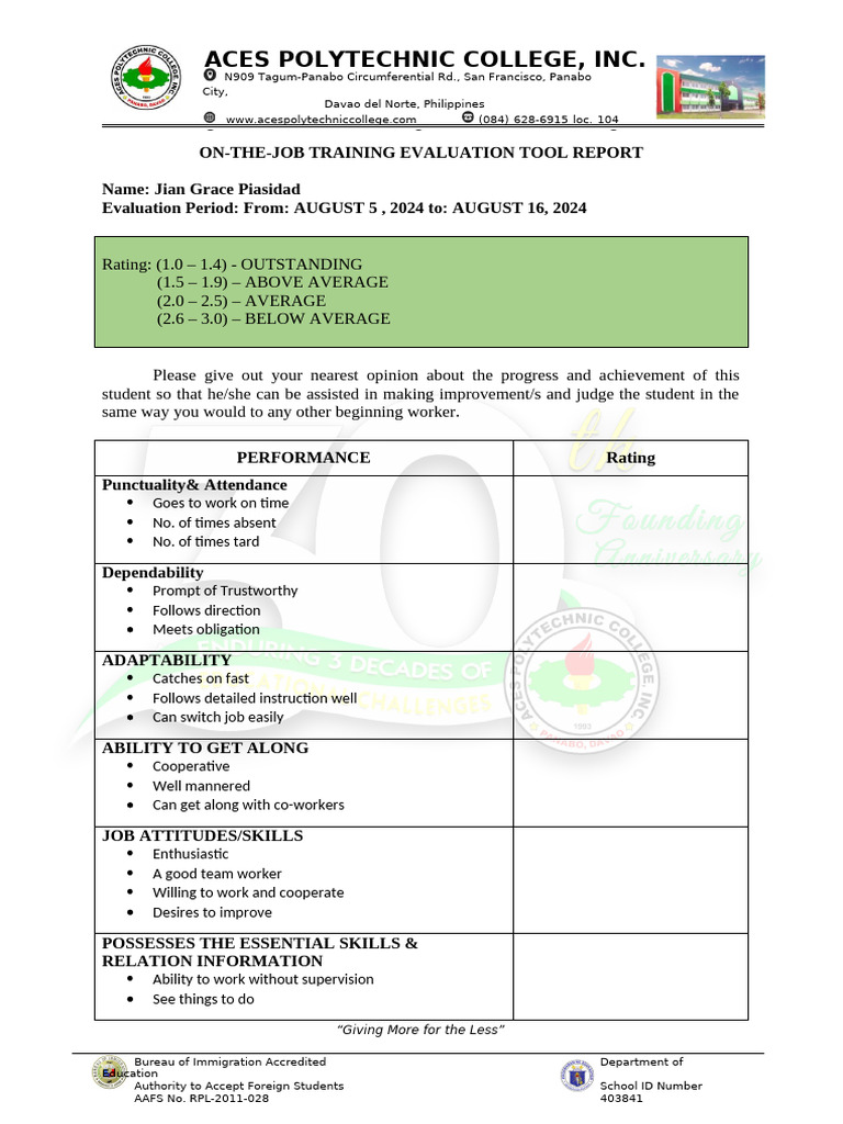 Work Based Training Evaluation | PDF