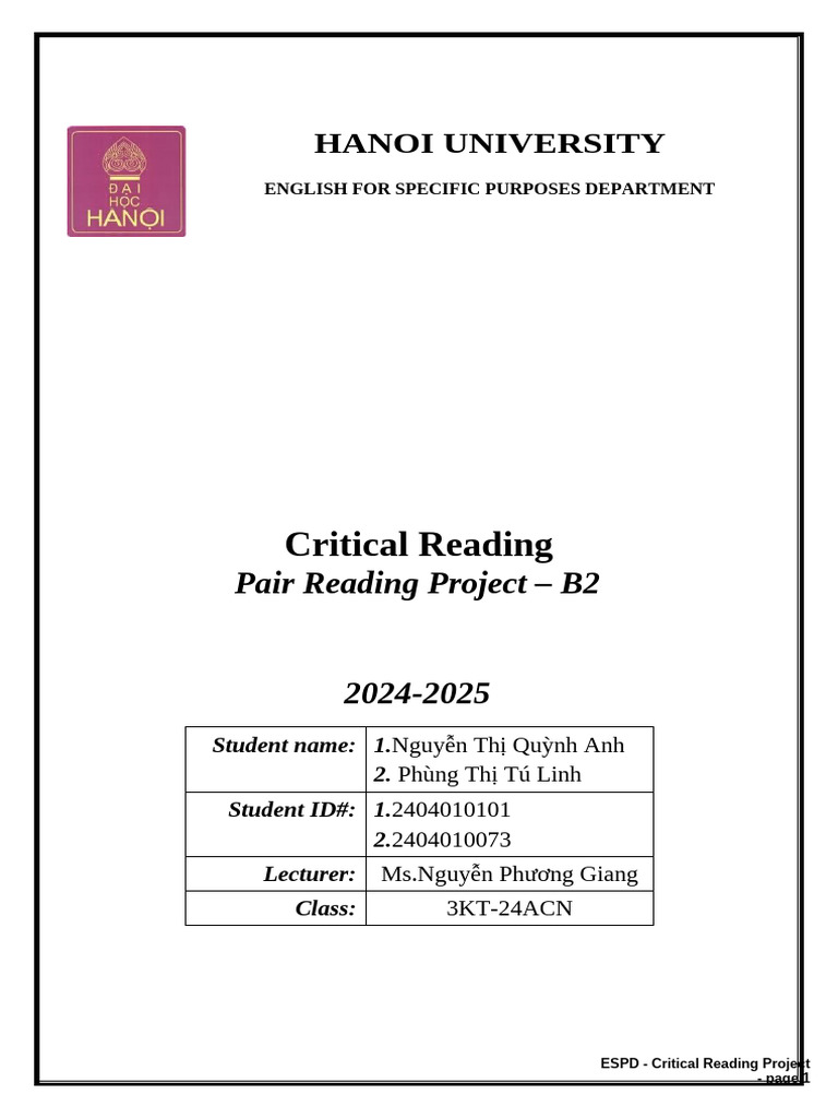 Pair Reading Project Guideline B2 - K2024 - File For Student Use | PDF ...