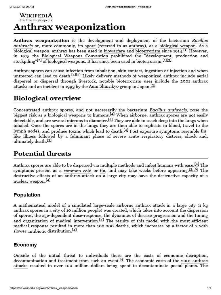 Anthrax Weaponization - Wikipedia | PDF | Anthrax | Biological Warfare