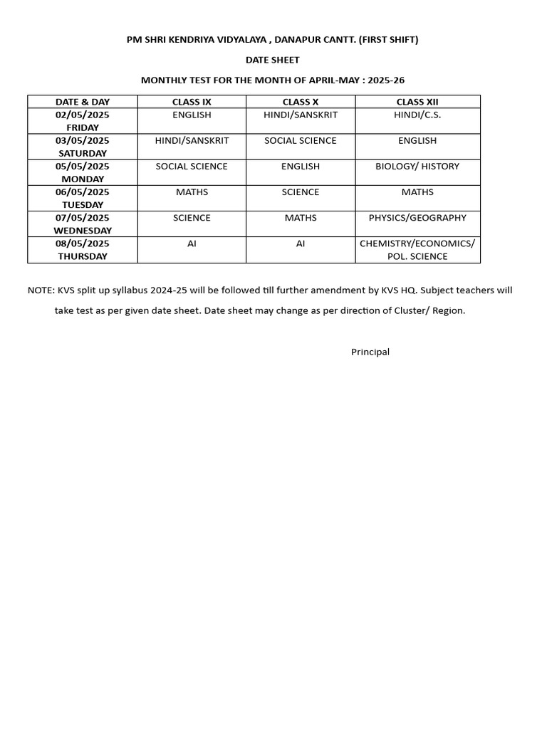 Date Sheet Monthly Test APRIL - MAY 2025-26 | PDF