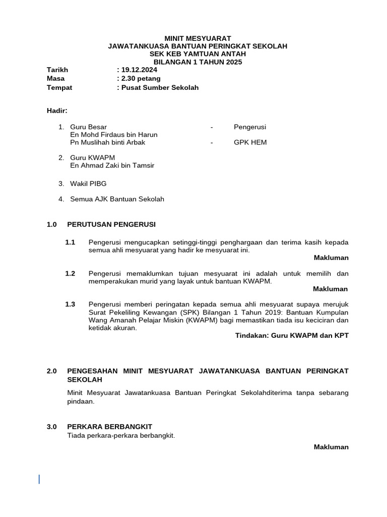 Minit Mesyuarat Kwamp 2025 | PDF