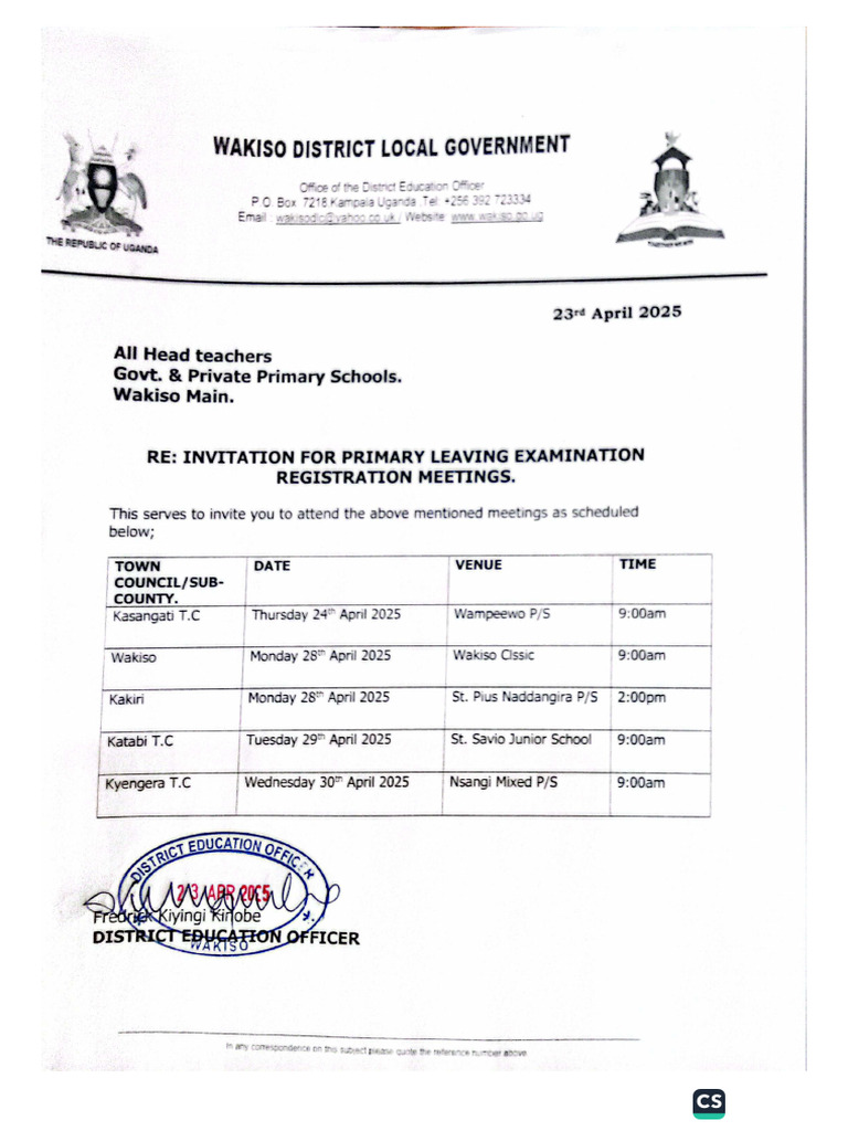 Wakiso Main Program for PLE Registration Meetings | PDF