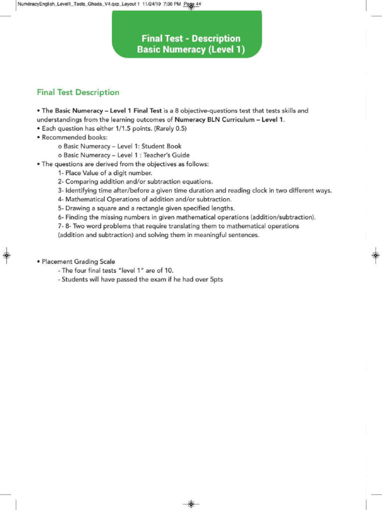 BLN ENGLISH Numeracy prepost level 1 | PDF