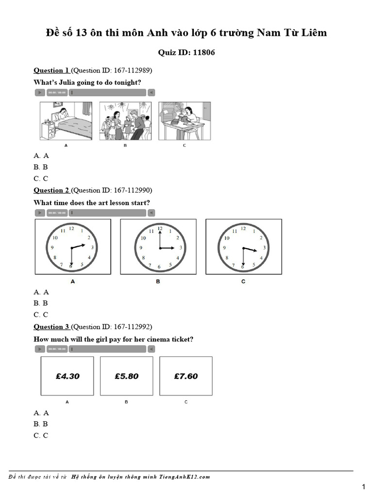 Quiz - 11806 - de So 13 On Thi Mon Anh Vao Lop 6 Truong Nam Tu Liem | PDF