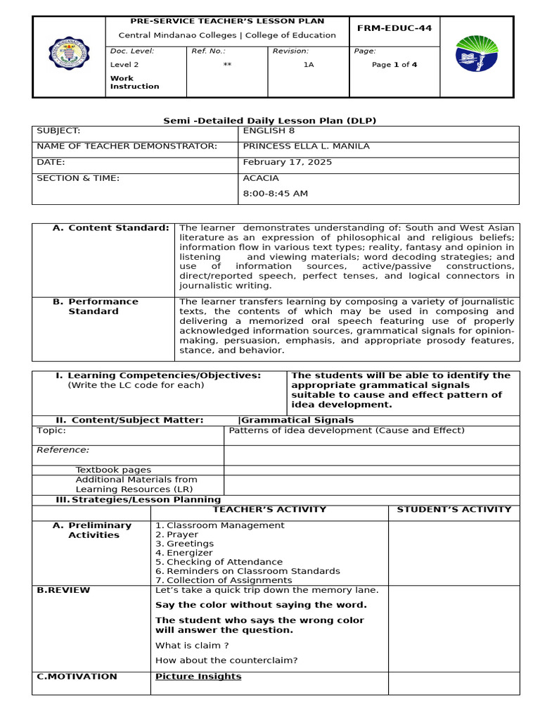 4 As Detailed Lesson Plan - Checked | PDF | Lesson Plan | Causality