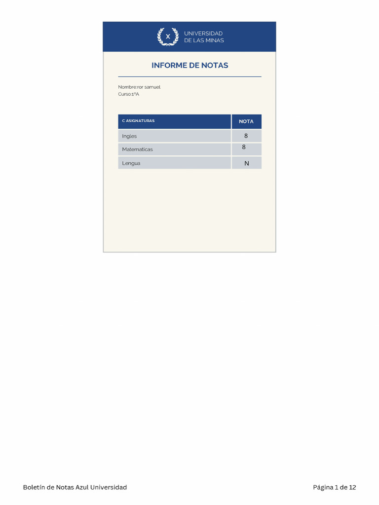 Boletín de Notas Azul Universidad | PDF