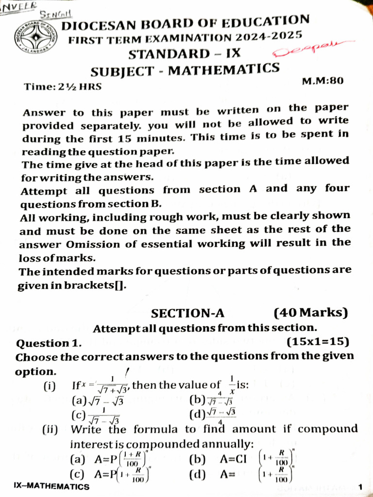 MATHS QUESTION PAPER FIRST TERM | PDF